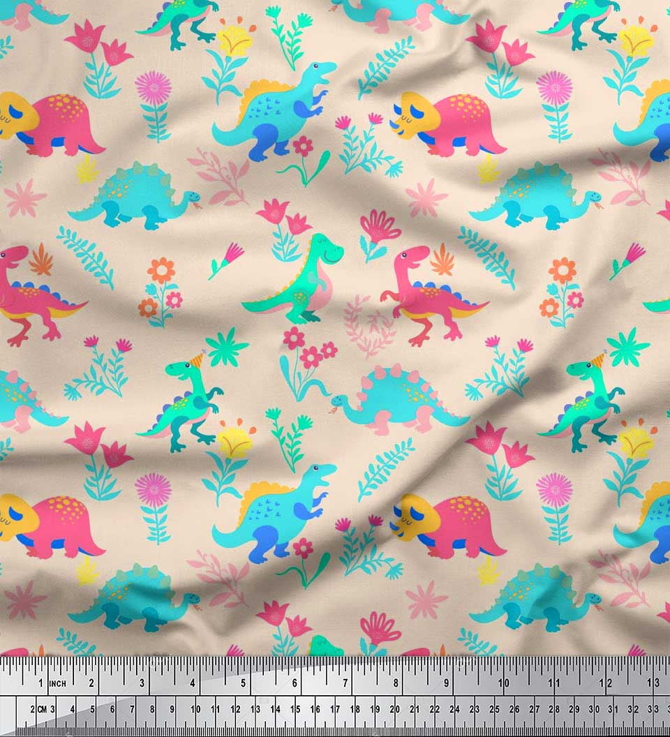 Soimoi White Modal Satin Fabric Aster Flower & Dinosaur Kids Printed ...