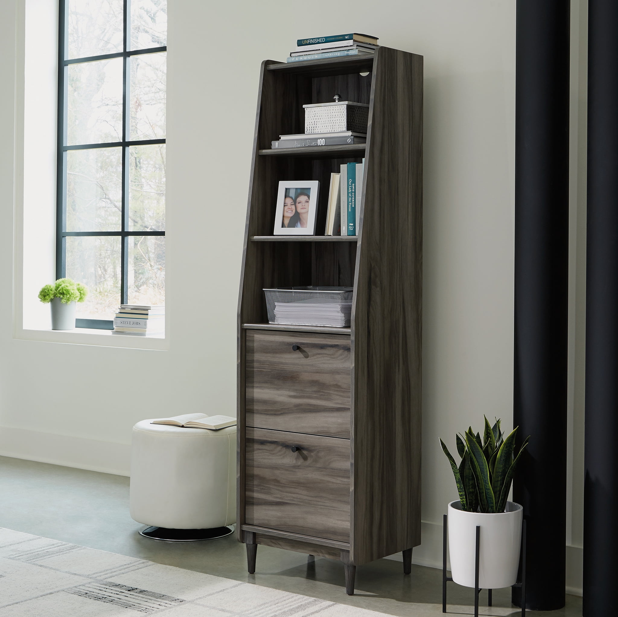 Sauder Harvey Park Modern 3-Shelf Narrow Bookcase with Drawers, Jet ...