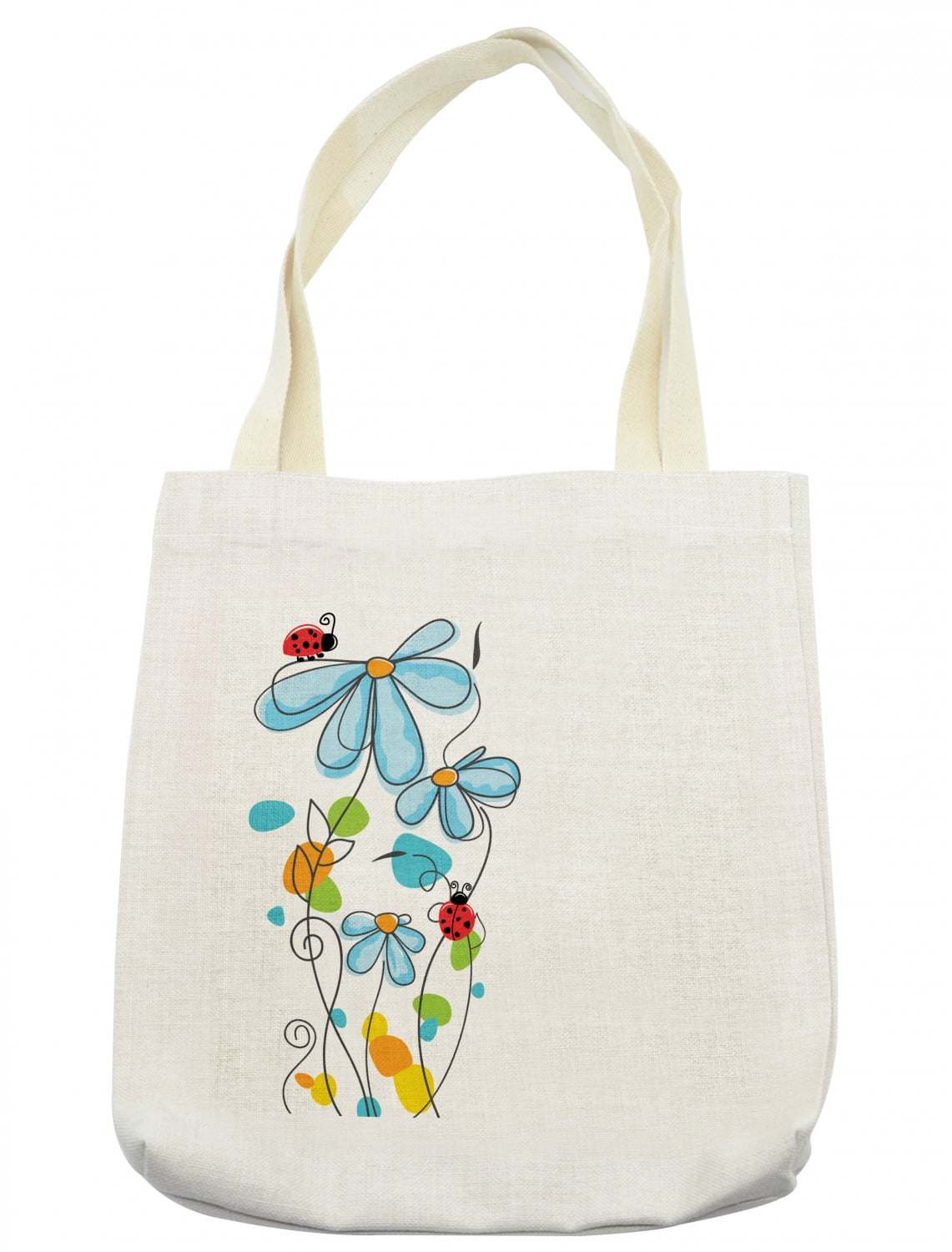 Ladybugs Tote Bag, Flowers Oval Dome-Shaped Ladybugs Illustration Never ...