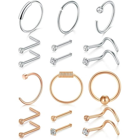 HTWW 22g Nose Rings Hoop L Shaped Nose Rings Studs Nose Screw Surgical ...