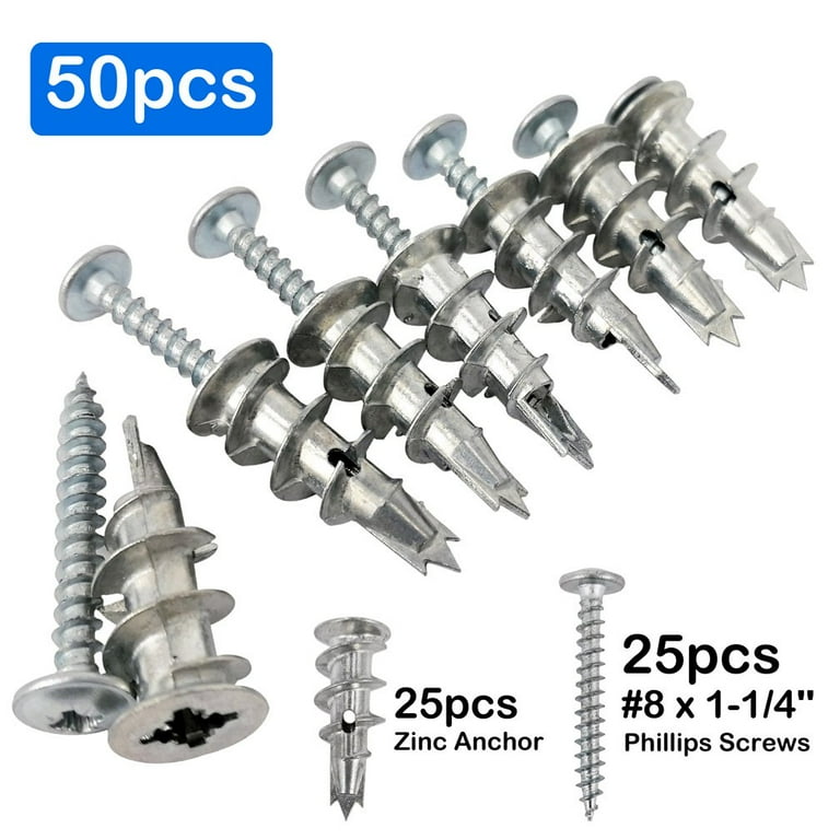 Gazdag Zinc Self Drilling Drywall Anchors with Screws Kit 25 Heavy Duty Metal Wall Anchors and 25 8 x 1 1 4 Screws 50 Pieces All Together. Walmart