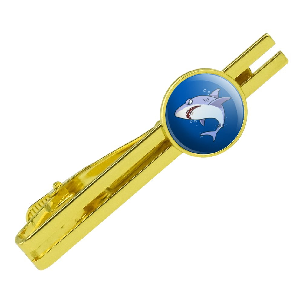 Great White Shark Cartoon in Ocean Round Tie Bar Clip Clasp Tack Gold ...