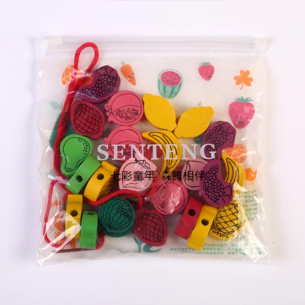 Kids Wooden Toys Set Block Stringing Beaded Toy Cartoon Fruit Animal ...