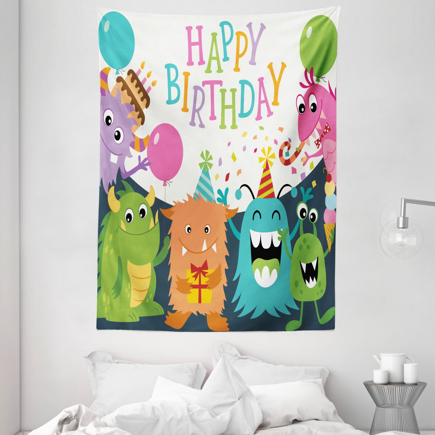 Kids Birthday Tapestry, Little Baby Monsters with the Party Cones ...