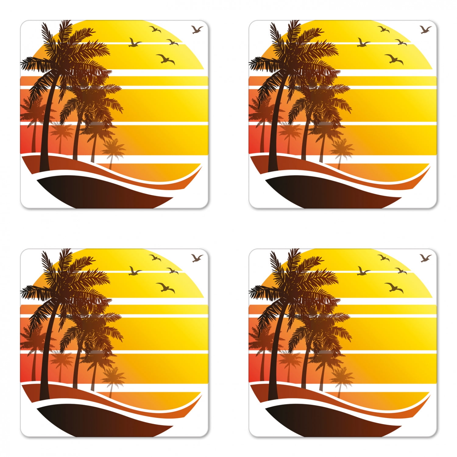 Tropical Coaster Set of 4, Sunset at Exotic Beach with Palm Trees Birds ...