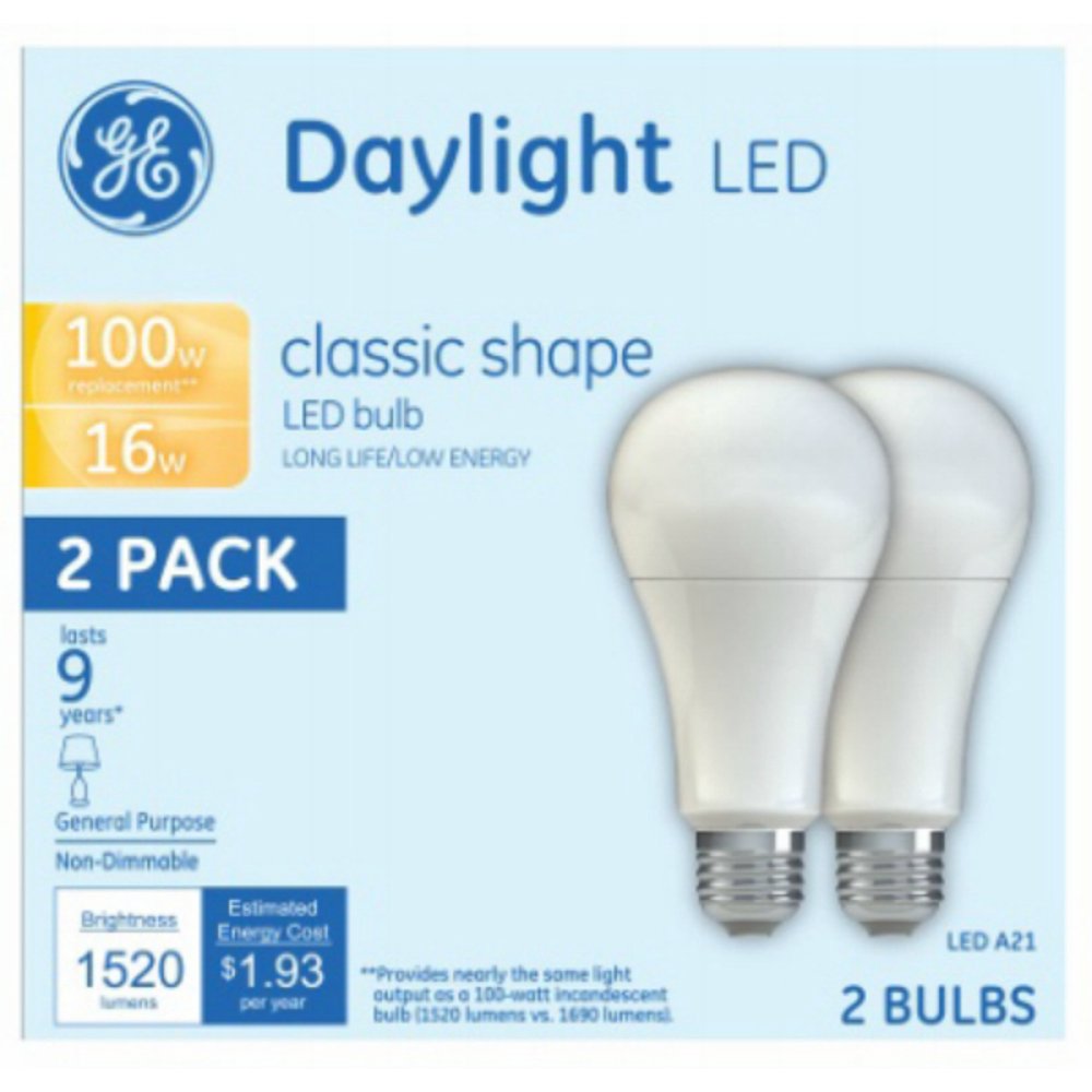 GE Lighting 21227 Medium-Base A21 Classic LED Bulb, Daylight, 16W, 2 ...