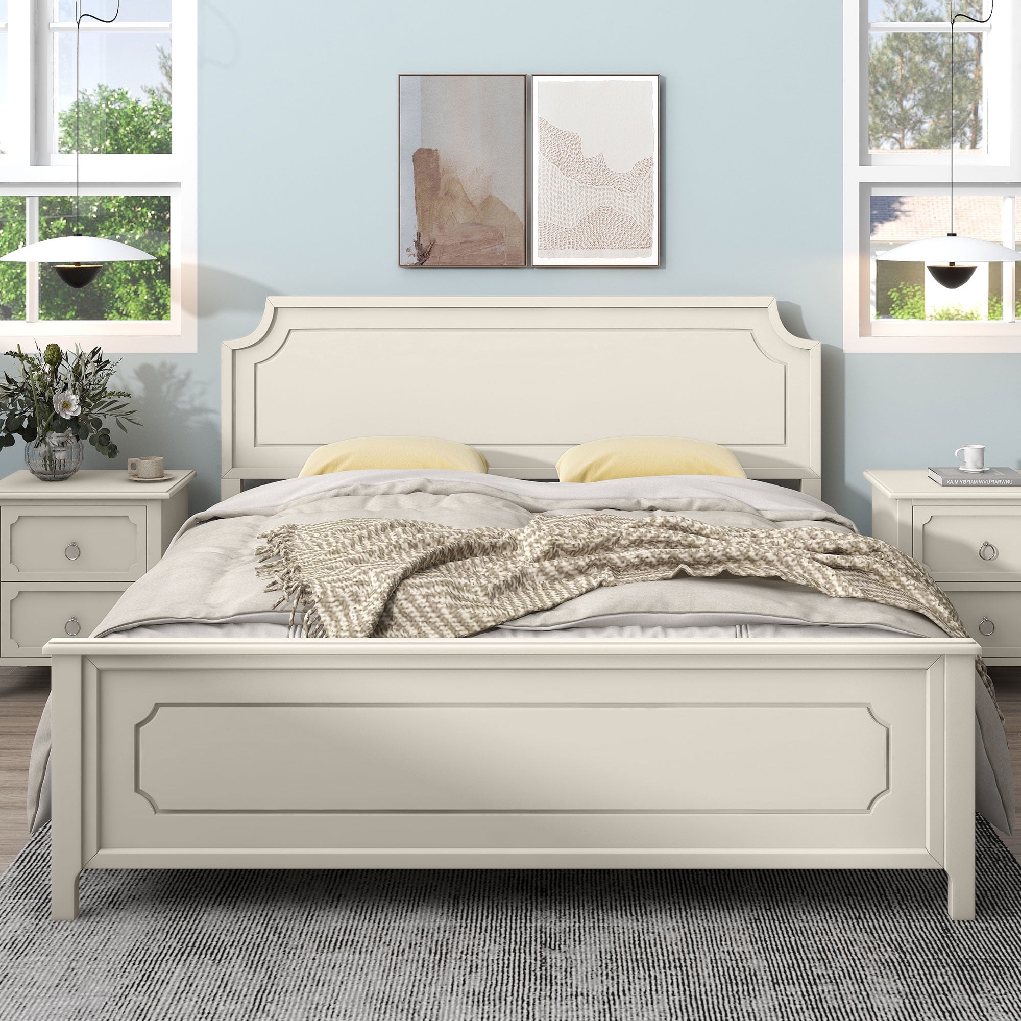 Resenkos King Size Wood Platform Bed Frame with Headboard in Milky ...