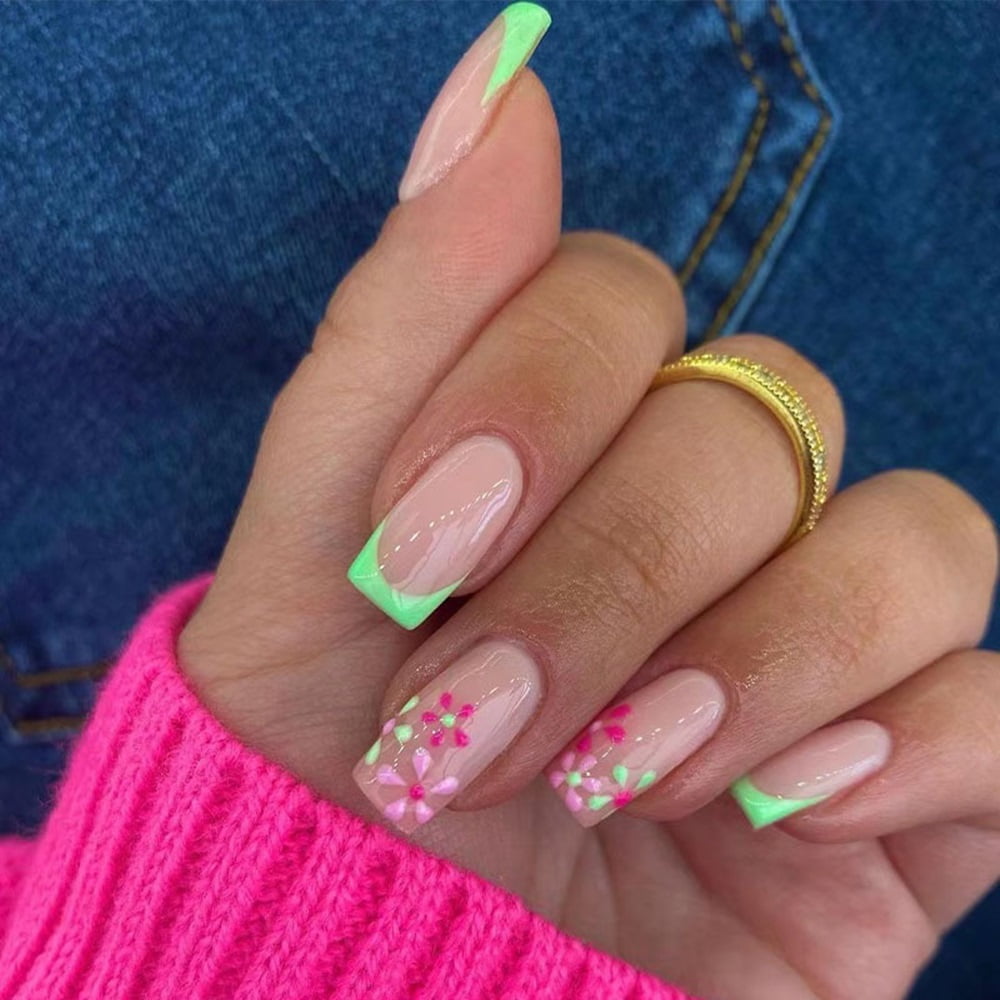 Medium Square Press on Nails 24pcs Green Pink Flower Fake Nails French ...