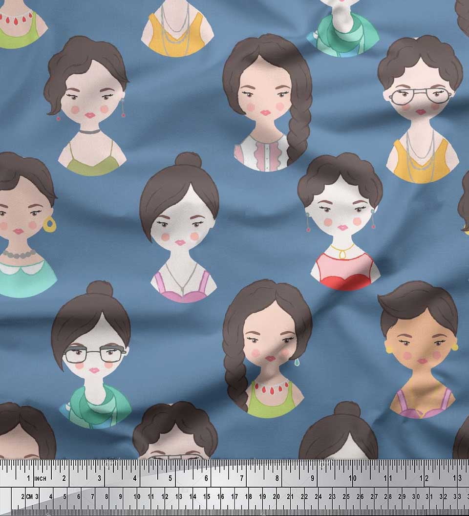 Soimoi Blue Silk Fabric Women Face Human Figure Print Fabric by the ...