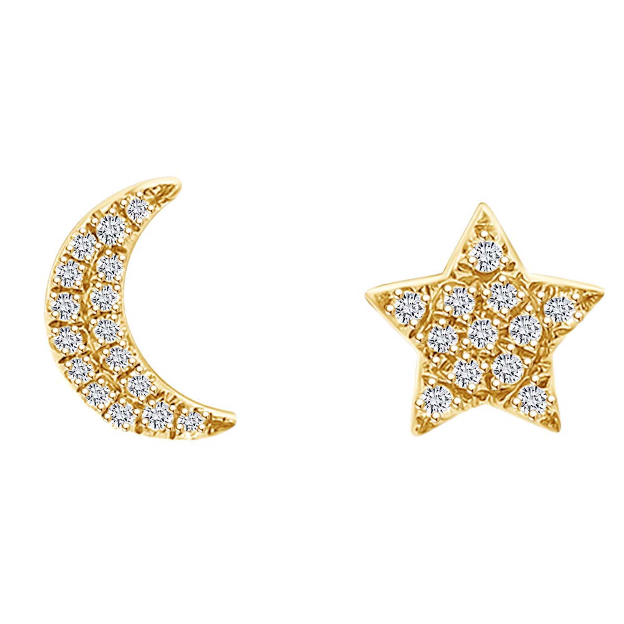 0.07 Cttw Round Cut Natural Diamond Star & Moon Earrings In 18K Solid ...
