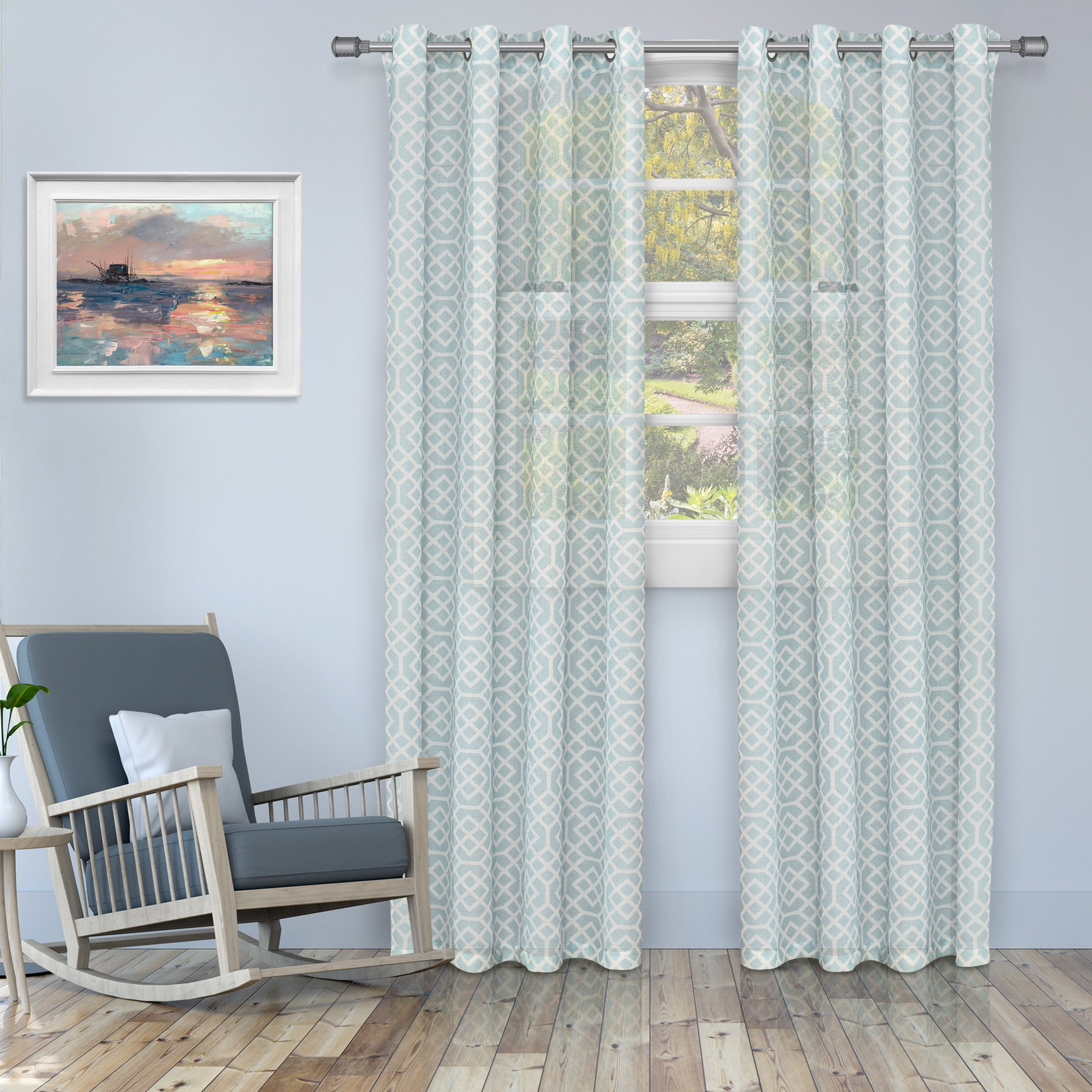 Superior Semi-Sheer Honeycomb Printed Curtain Panels (Set of 2) Cyan ...