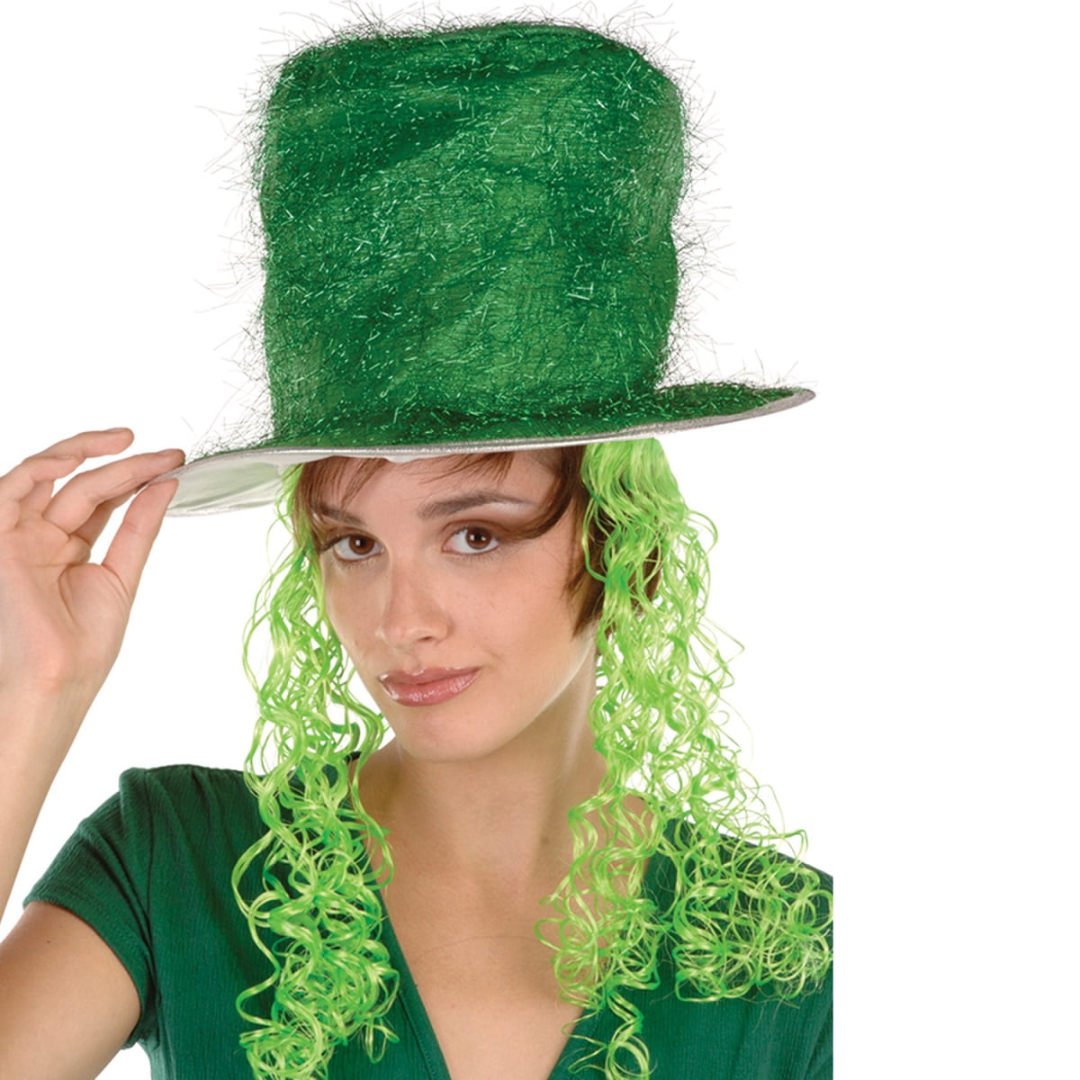 Pack Of 6 Green Tinsel Top Hat With Lime Green Curly Wig Adult Sized pack-of-6-green-tinsel-top-hat-with-lime-green-curly-wig-adult-sized