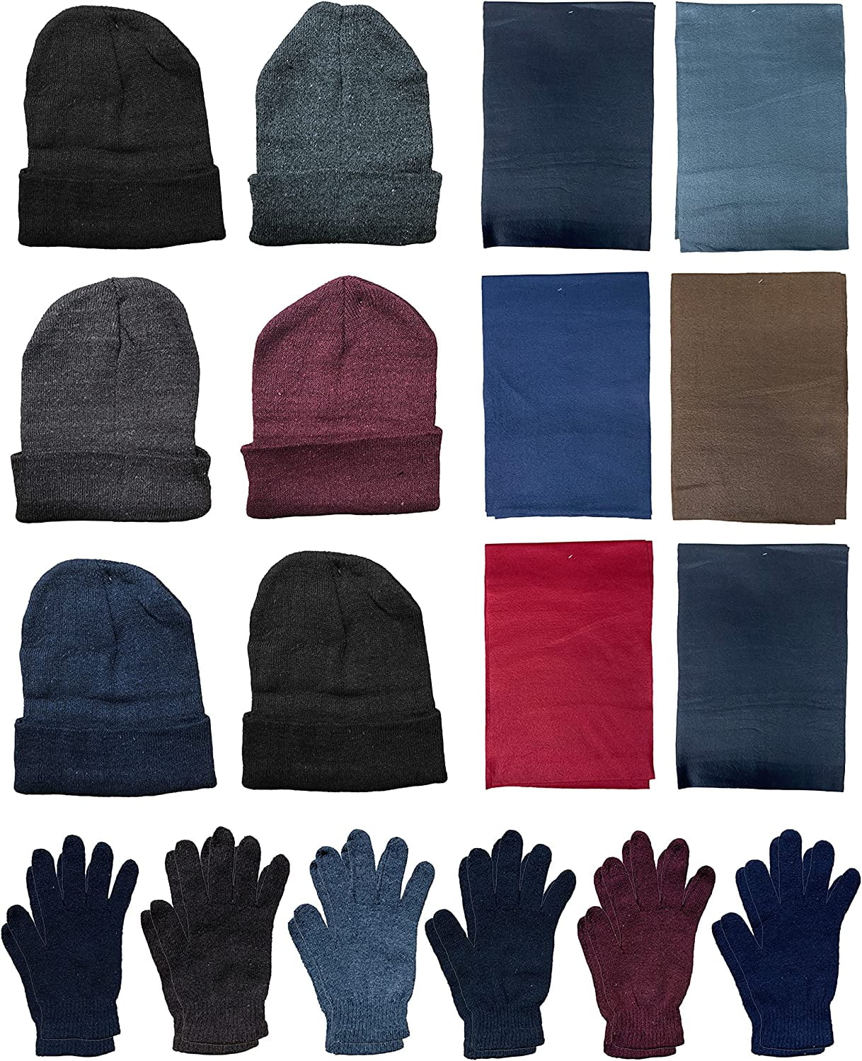 18 Piece Winter Set - Hats Gloves Scarves, For Men & Women, Bulk Cold ...