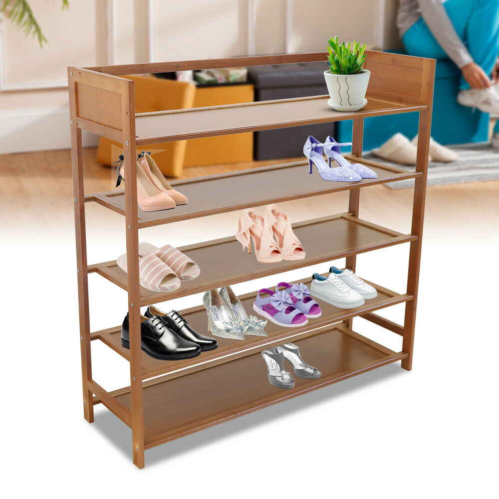 Fichiouy 5 Tier Shoe Rack Bamboo Wooden Organizer Stand Shoe Storage ...