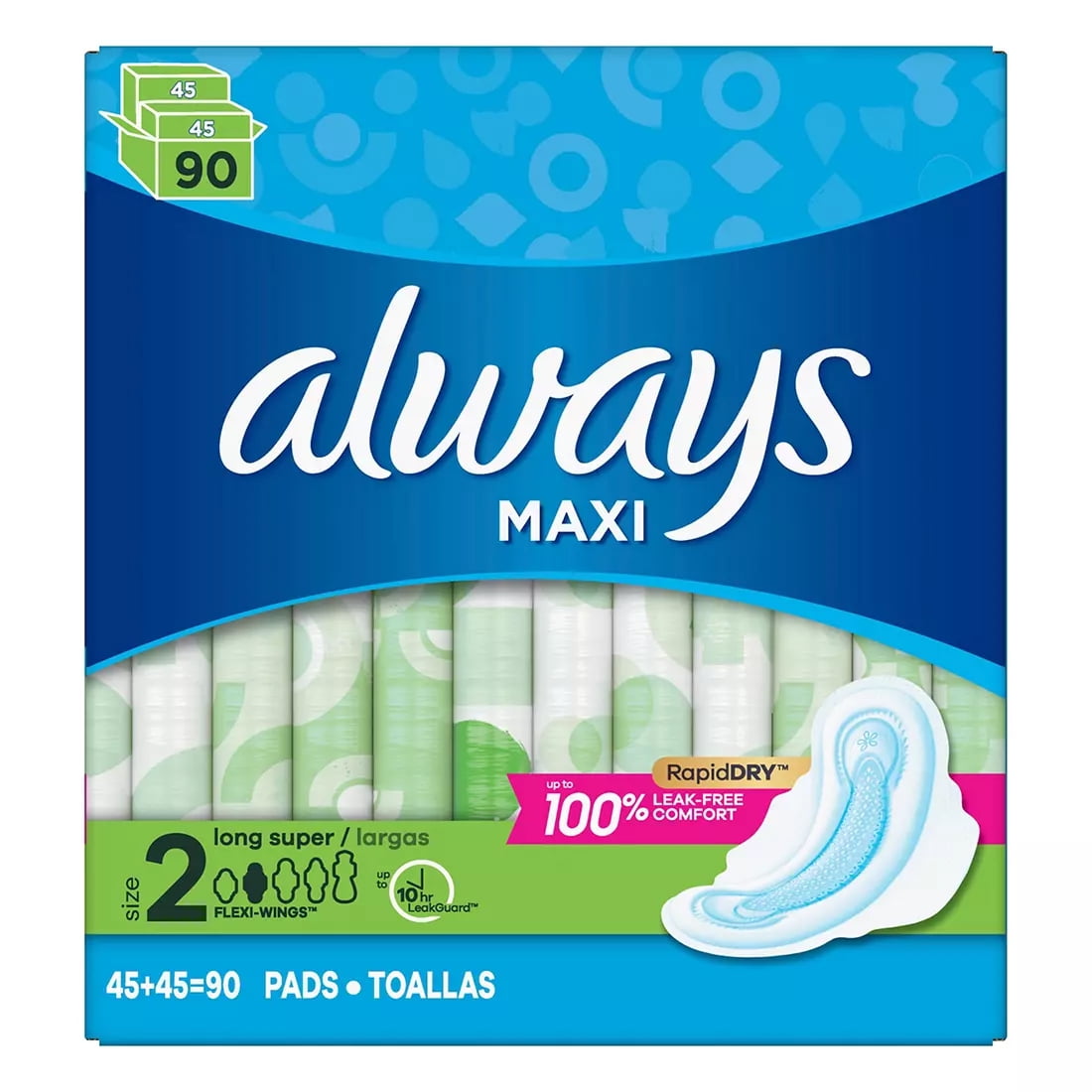 Always Long and Super Maxi Pads with Flexi-Wings Multi Pack, 90 Ct ...