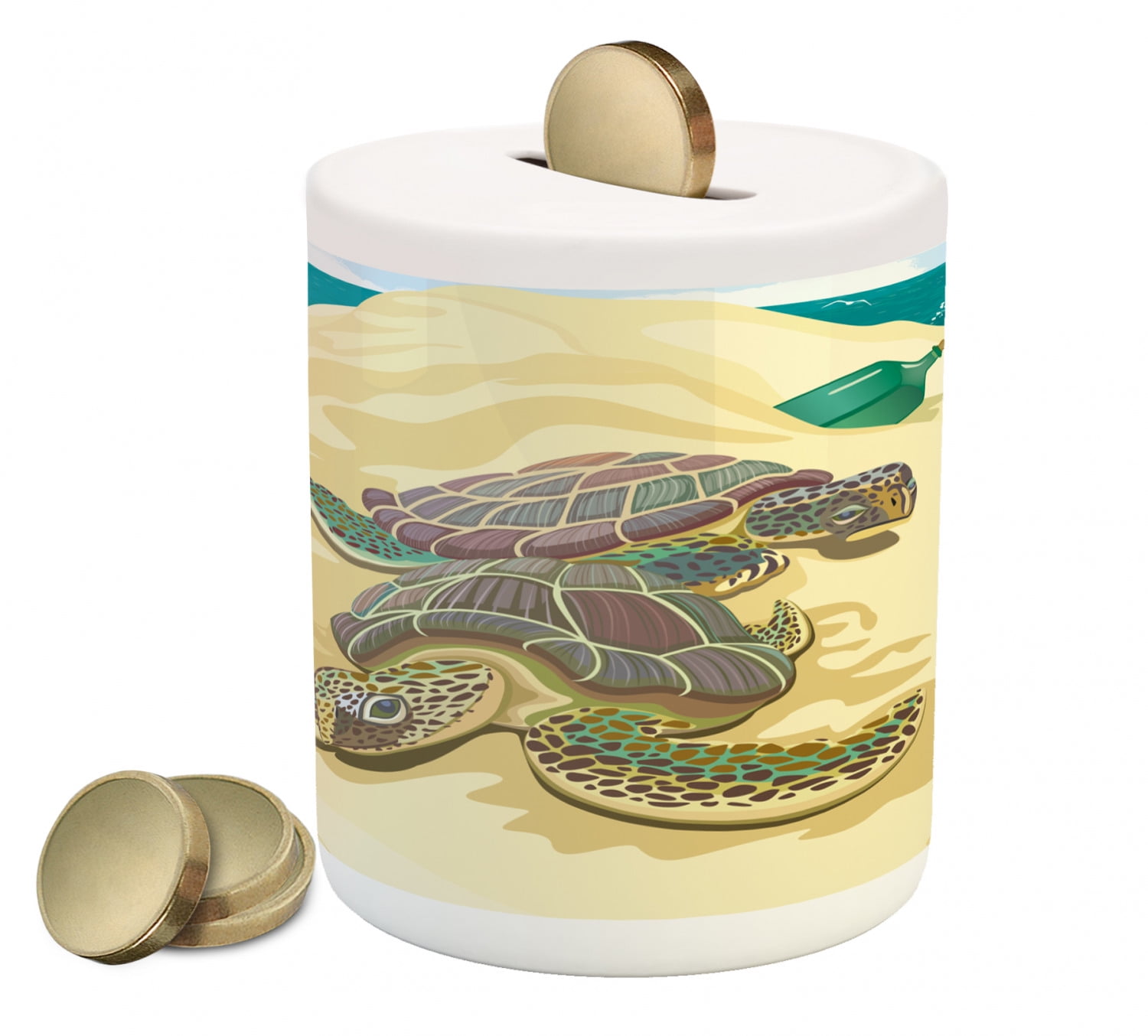 Turtle Piggy Bank, Illustration of 2 Sea Turtles on Sandy Summer Beach ...