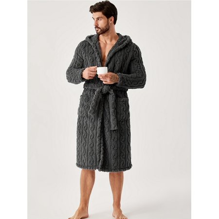 Men's Warm Soft Comfy Plain Color Long Hooded Robe For Home Pajamas ...