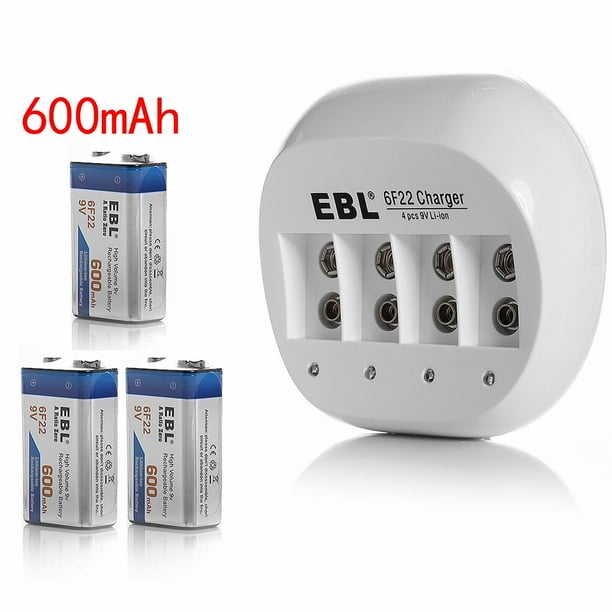 EBL 4 Bay 9V Lithium ion Battery Charger with 3 Packs 600mAh 9V Li-ion Rechargeable Batteries ...