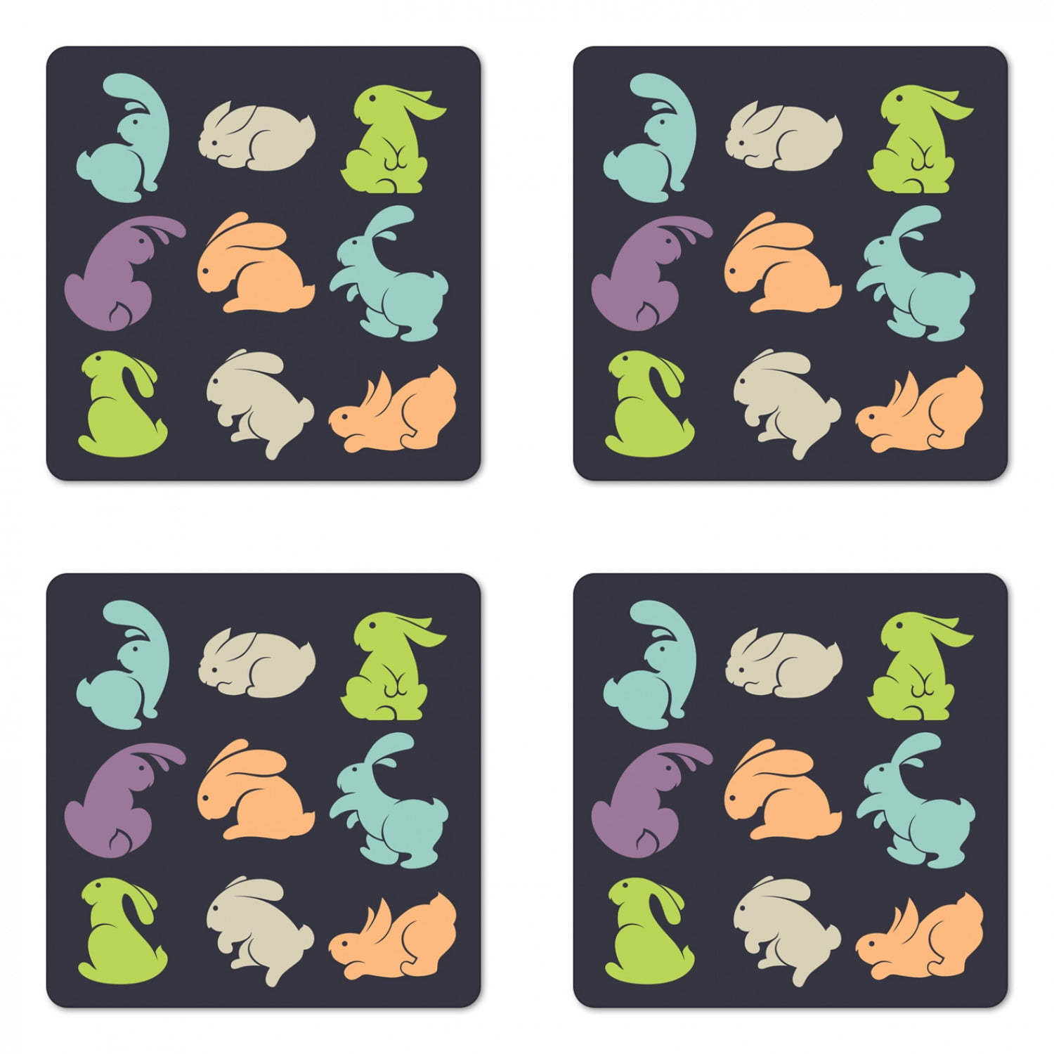 Bunny Coaster Set of 4, Pastel Colored Rabbit in Different Positions on ...