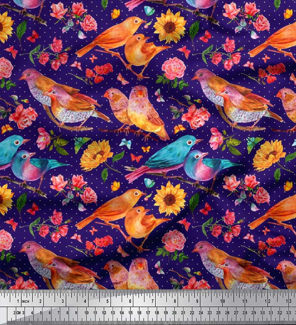 Soimoi Blue Japan Crepe Satin Fabric Dot,Sunflower & American Robin ...
