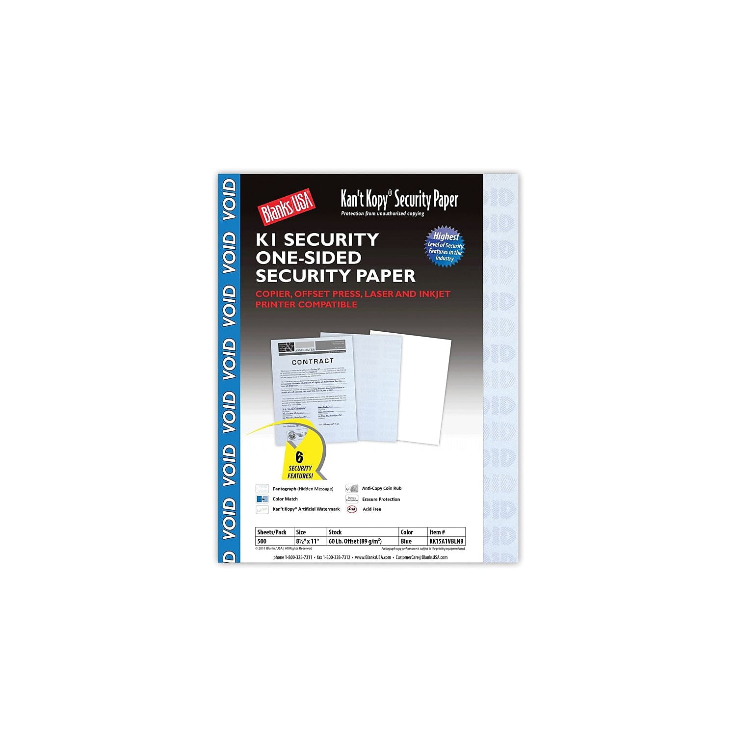 Blanks USA Kan't Kopy 8.5"" x 11"" Security Paper 60 lbs. Blue 500 ...