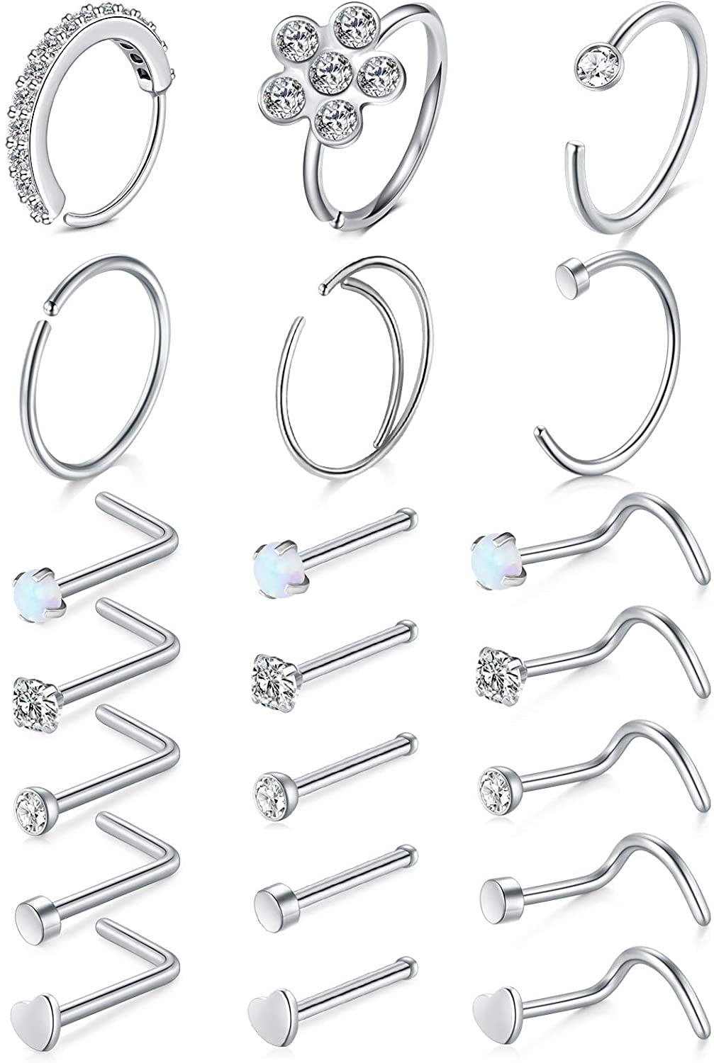 20g Nose Rings Hoop L-Shape/Screw Nose Studs Set Diamond Opal Heart ...