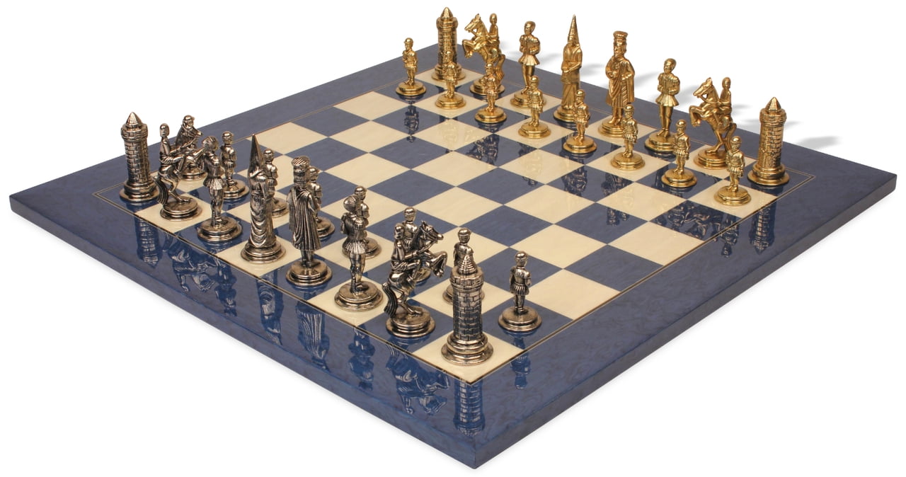 Camelot Theme Metal Chess Set Blue Ash Burl Chess Board - Walmart.com