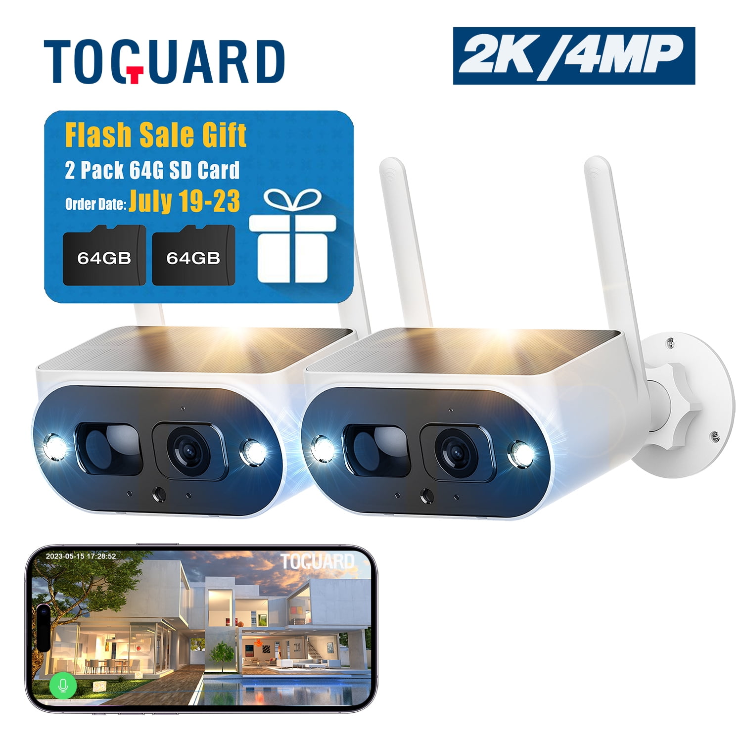 Toguard SC15 2 Pack 2K/4MP Solar Security Camera Wireless WiFi Outdoor Battery Powered Bullet ...
