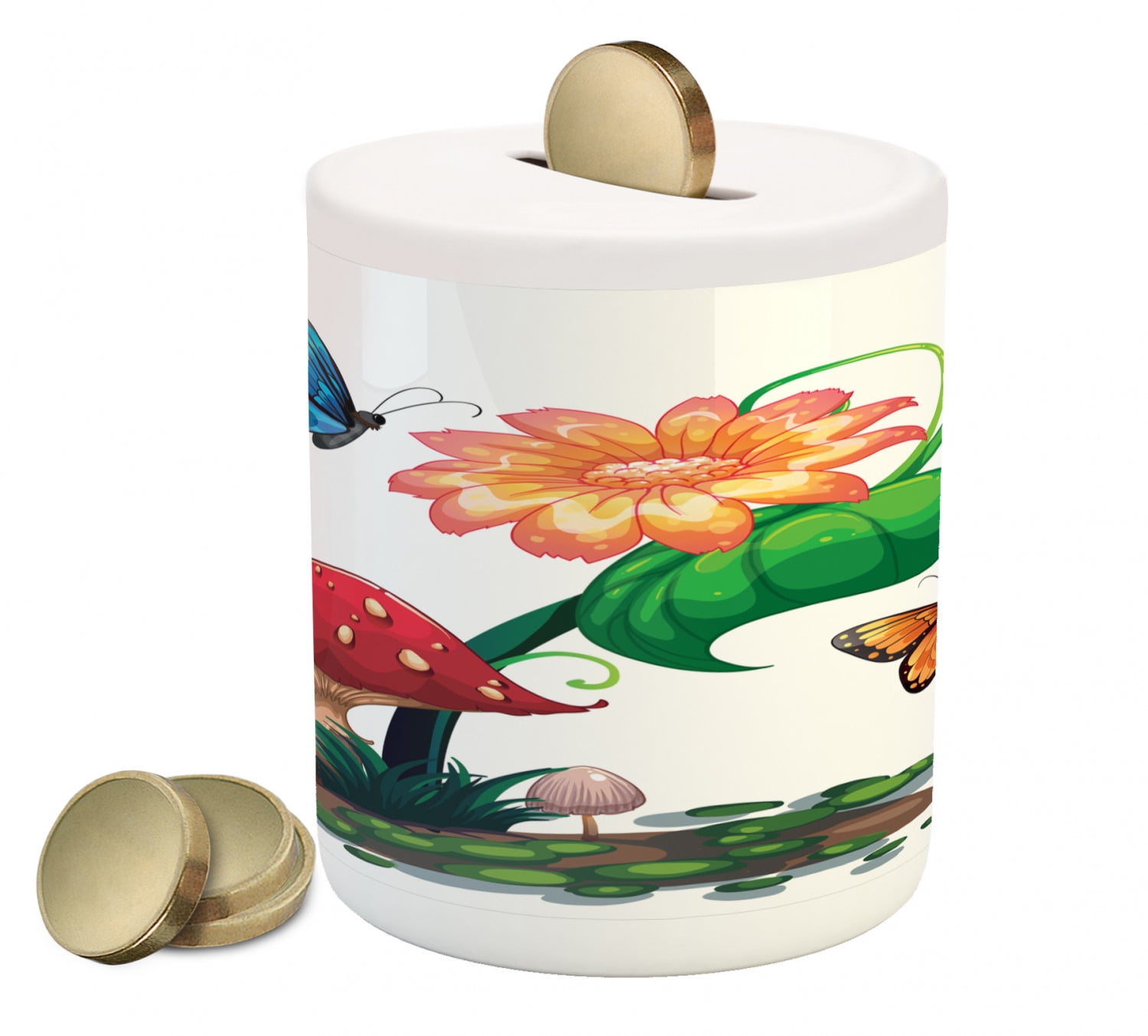 Mushroom Piggy Bank, Illustration of Flowering Plant Butterflies ...