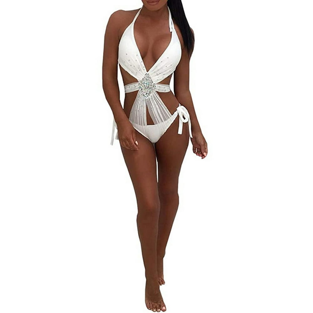 Karuedoo Womens Rhinestone Crystal Diamond Push Up Bikini Set Bathing
