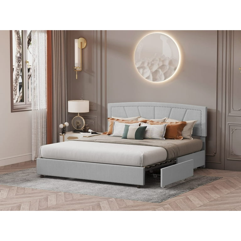 Bonsoir Full Size Storage Bed Frame Upholstered Low Profile Traditional Platform with Tufted and Nail Headboard No Box Spring Needed 4 Pull Out