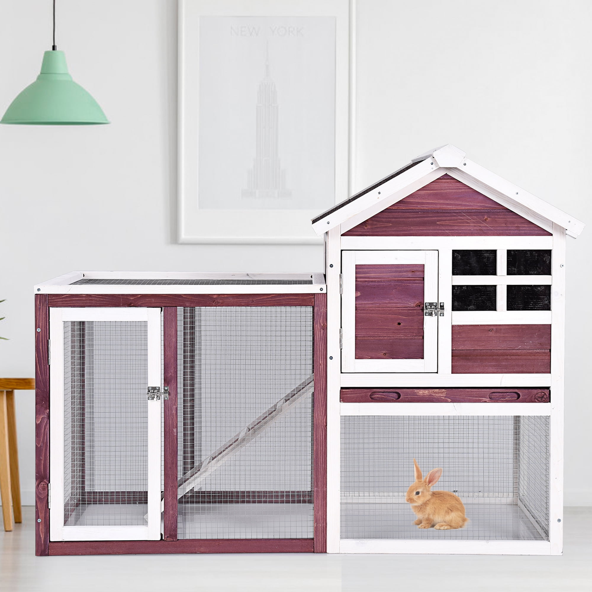 Gymax Wooden Chicken Coop Small Rabbit Hutch with Run Red Outdoor ...