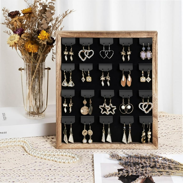 Sfugno Earring Organizer Stand 4 Layer Earring Display Stand with 20 Removable Metal Clips Rustic Wood Earring Holder Rack for Stud Earings Hoop