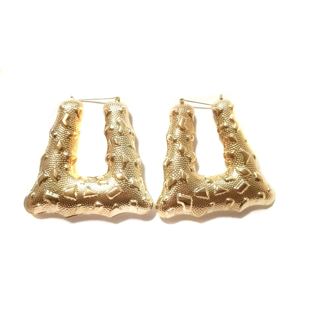 Divas Diggables - Large Puffed Gold Tone Bamboo Hoop Earrings 3 inch ...