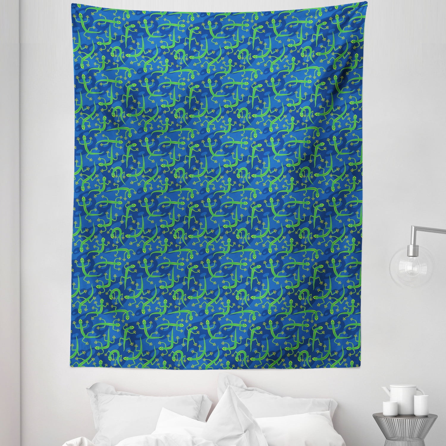 Gecko Tapestry, Doodle Style Lizard Pattern with Blue Shaded Background ...