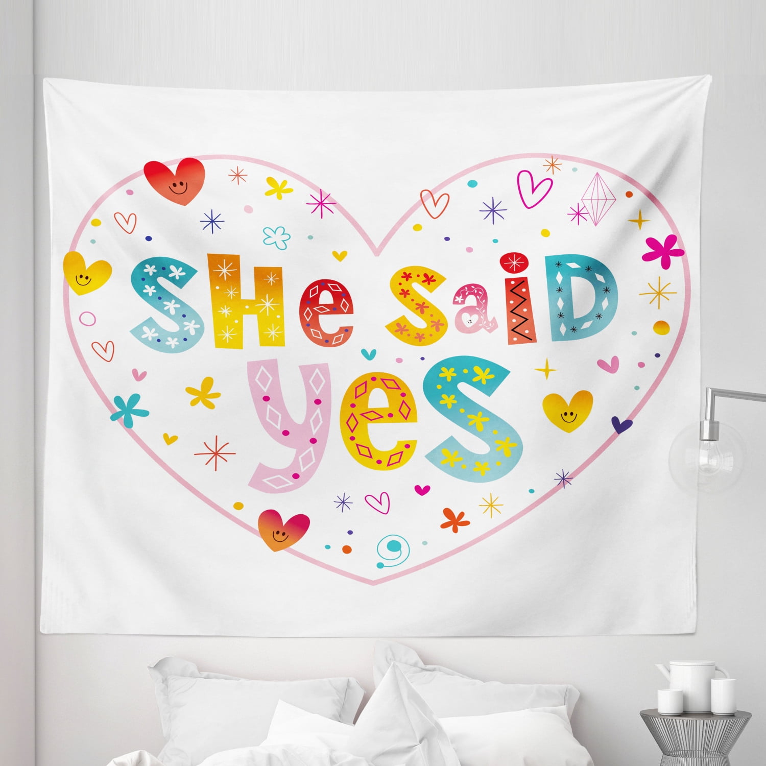 Colorful Tapestry, Hippie Celebration Hearts Flowers Dots Rainbow ...