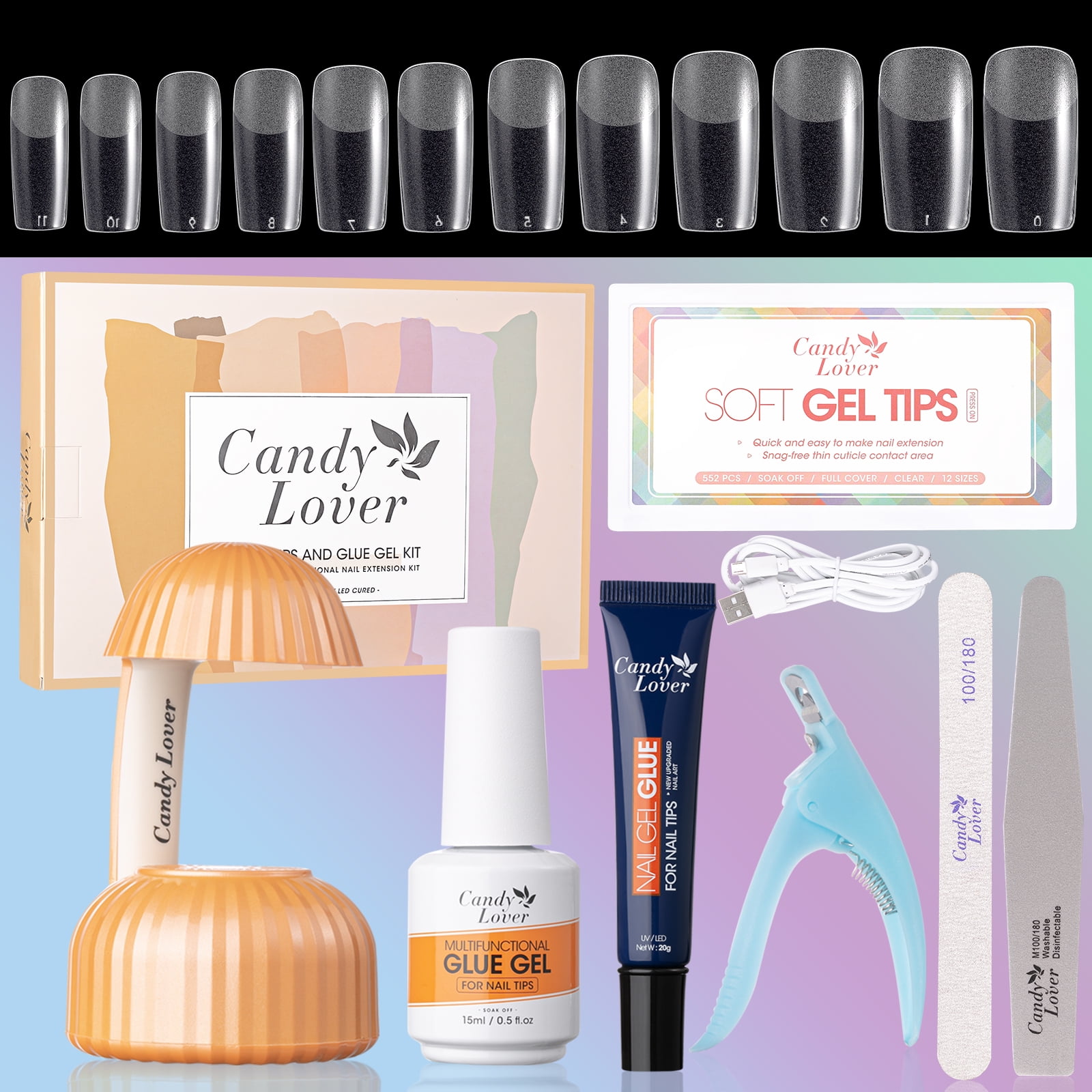 Candy Lover Nail Tips and Glue Gel Kit, 552 Pcs Fully Pre-buffed Fake ...