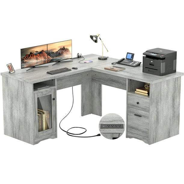 Homieasy L Shaped Desk with Drawers, Corner Computer Desks with Power ...