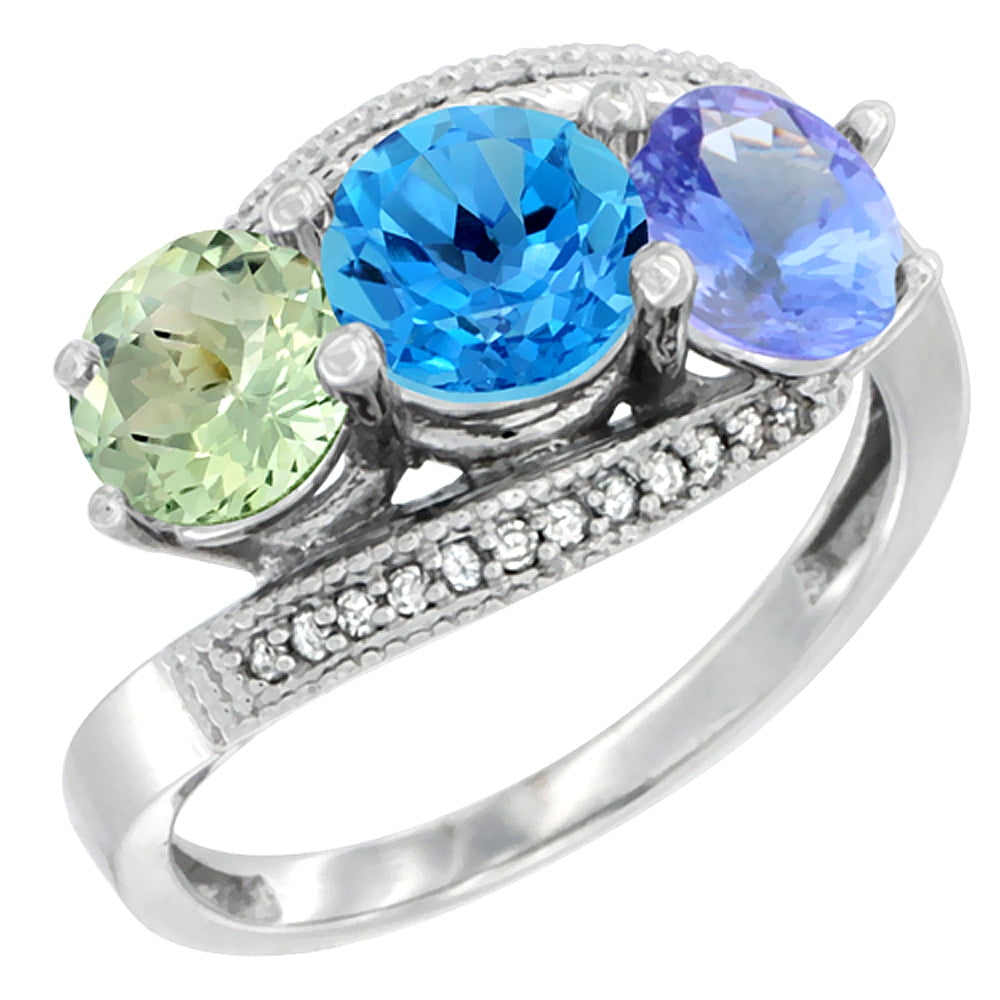 14K White Gold Natural Green Amethyst, Swiss Blue Topaz & Tanzanite 3 ...