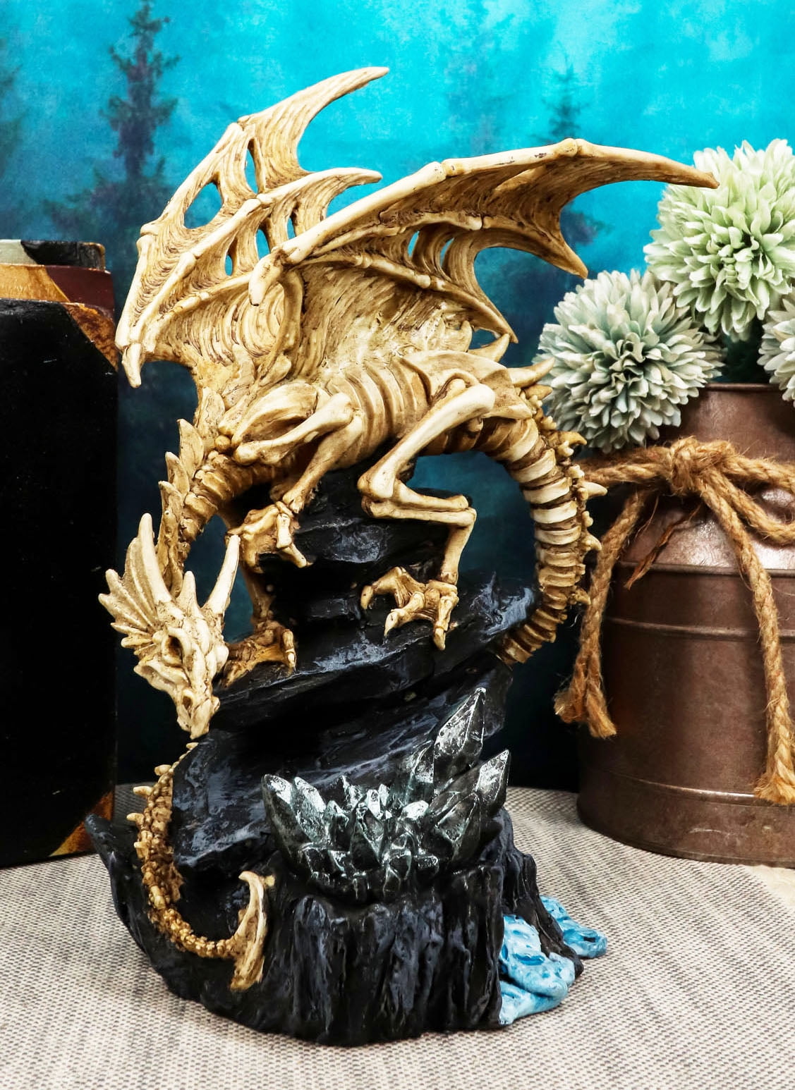 10"H Gothic Skeleton Bone Dragon Perching On Crystal Cavern Statue ...
