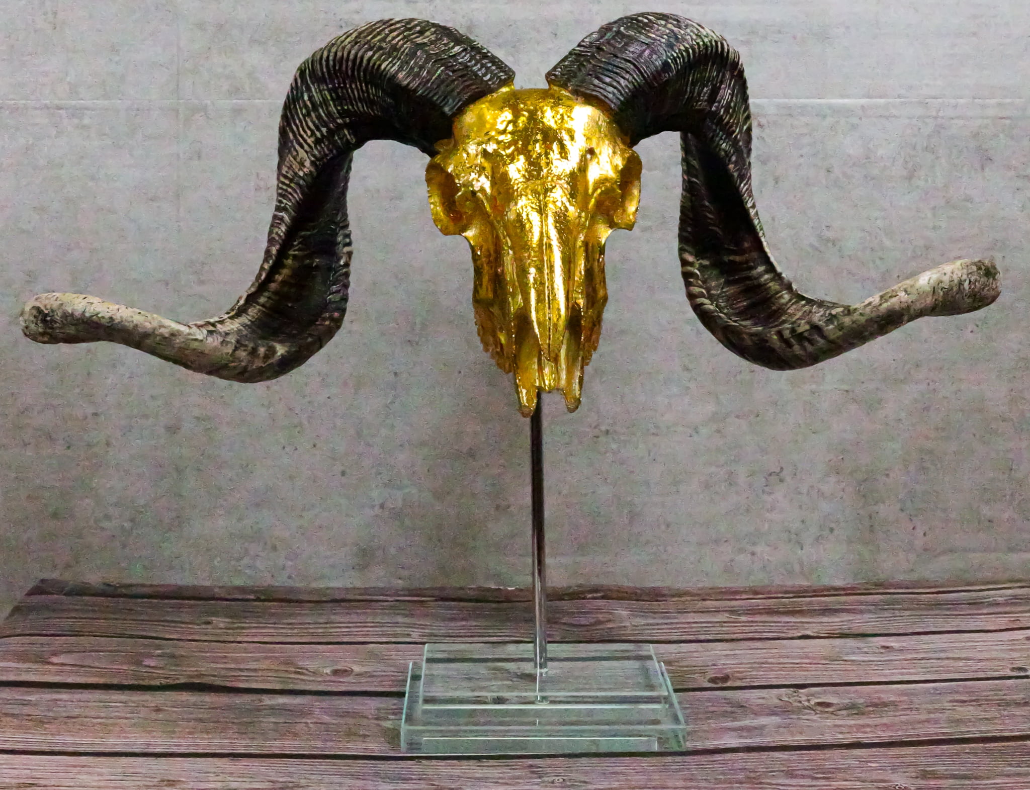 Electroplated Gold Realistic Bighorn Sheep Ram Skull Sculpture On Pole ...