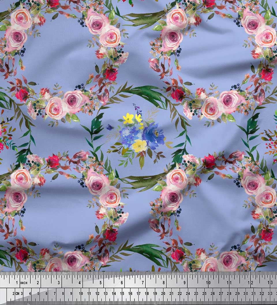 Soimoi Blue Satin Silk Fabric Floral Wreath Flower Print Fabric by The ...