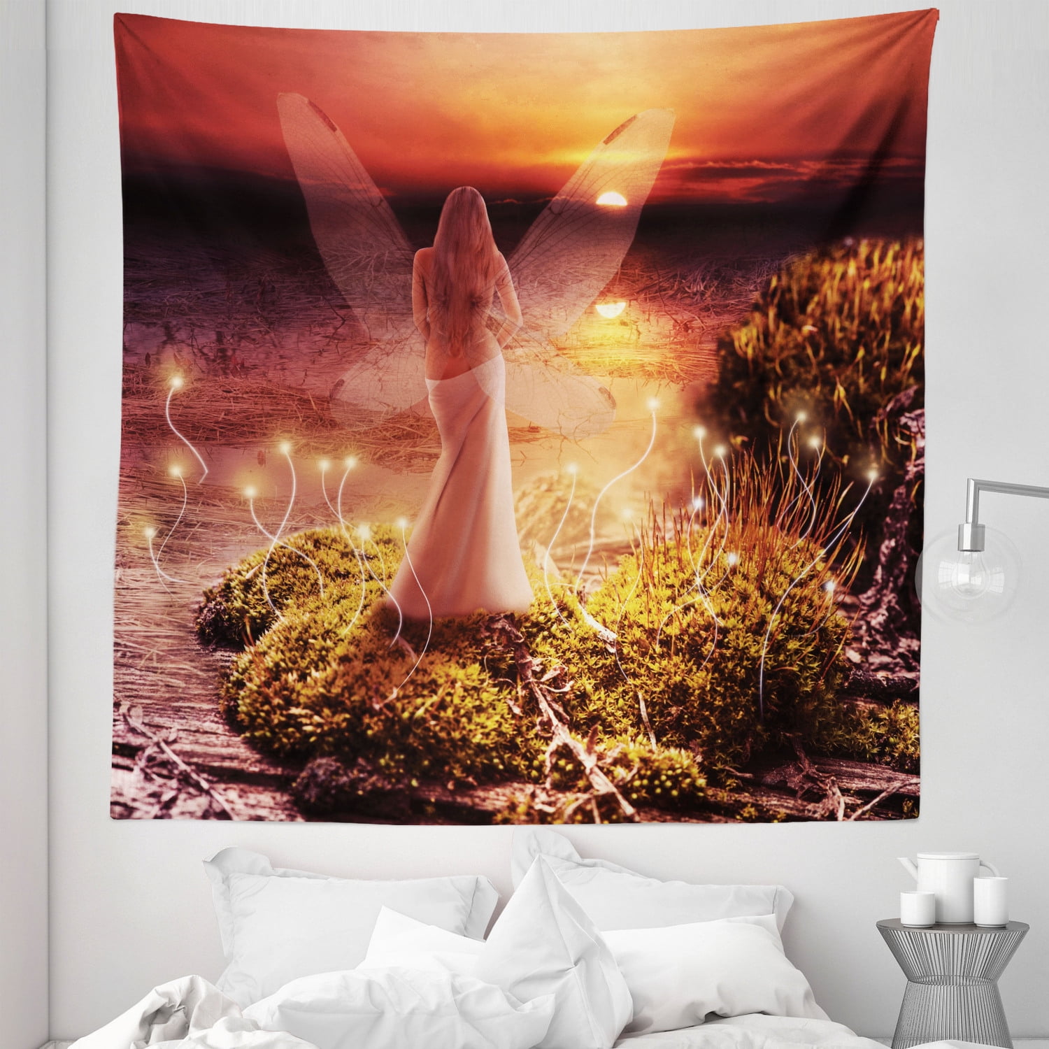 Women Tapestry, Lady with Moth Wings Fantasy World Themed Fireflies ...