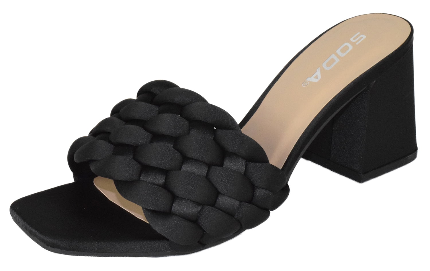 Soda Shoes Women Block High Heel Sandals Braided Band Square Toe Satin ...