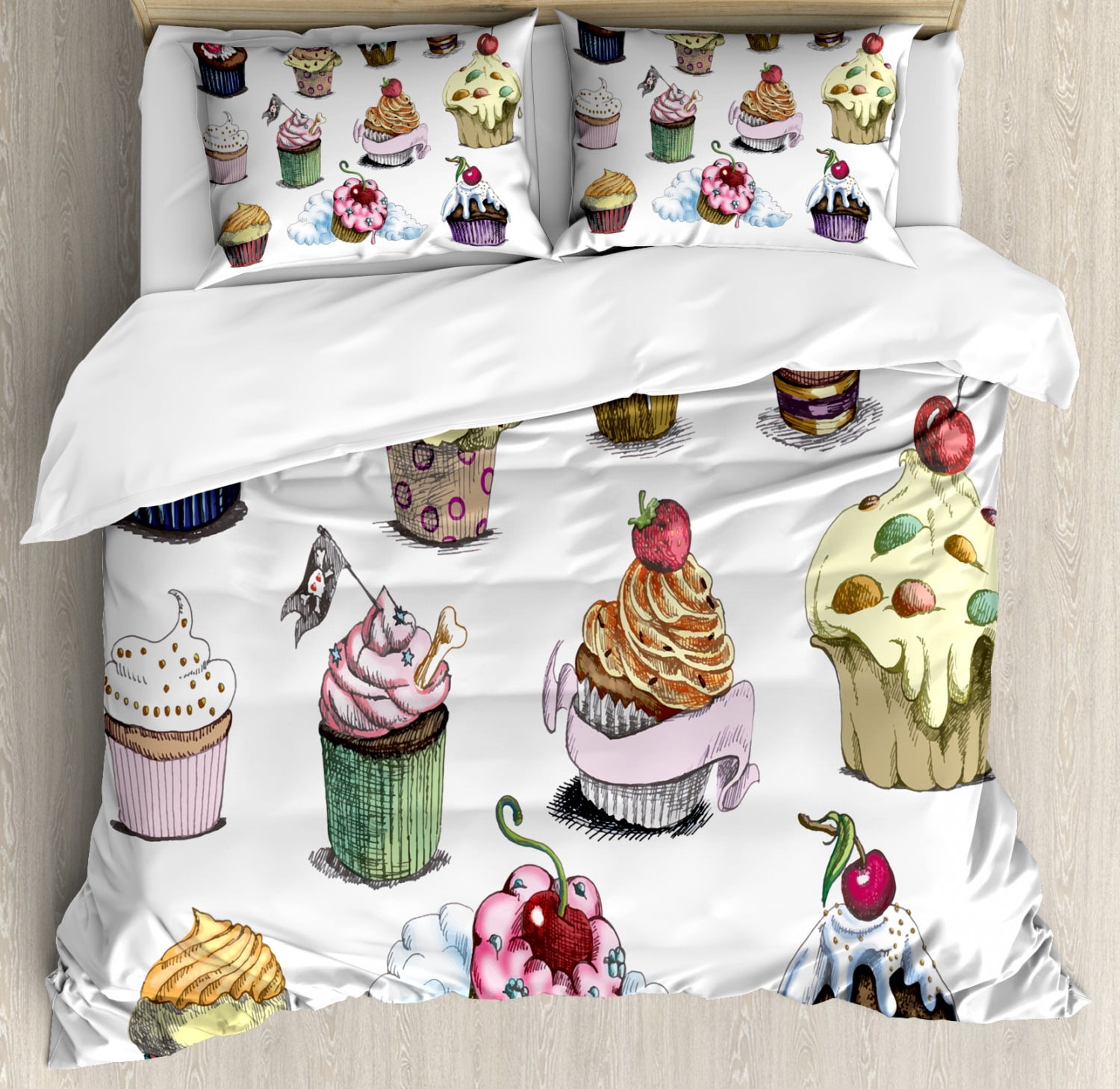 Dessert Queen Size Duvet Cover Set, Yummy Cupcake Medley with Sprinkled ...