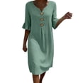 3/4 Sleeve Summer Cotton Linen Midi Dress for Women Button V Neck High ...