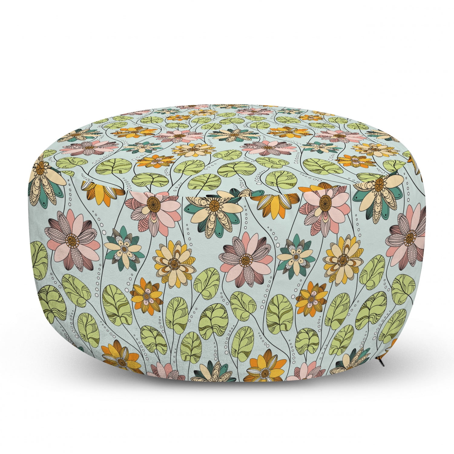 Floral Pouf Cover with Zipper, Graphical Surreal Striped Dotted Ethnic ...