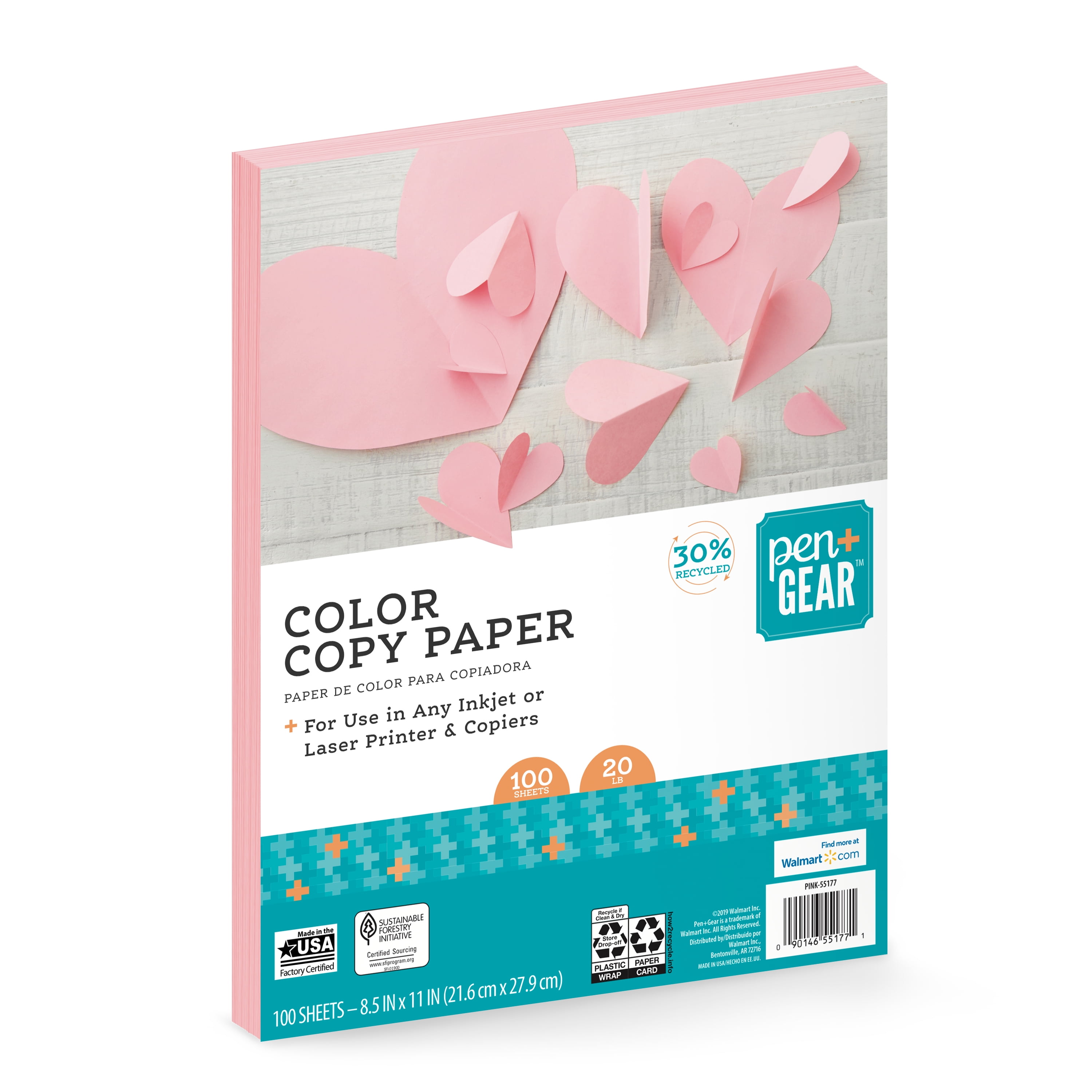Pen + Gear Pink Copy Paper, 30% Recycled, 20lb, 8.5 x 11, 100 Shts ...