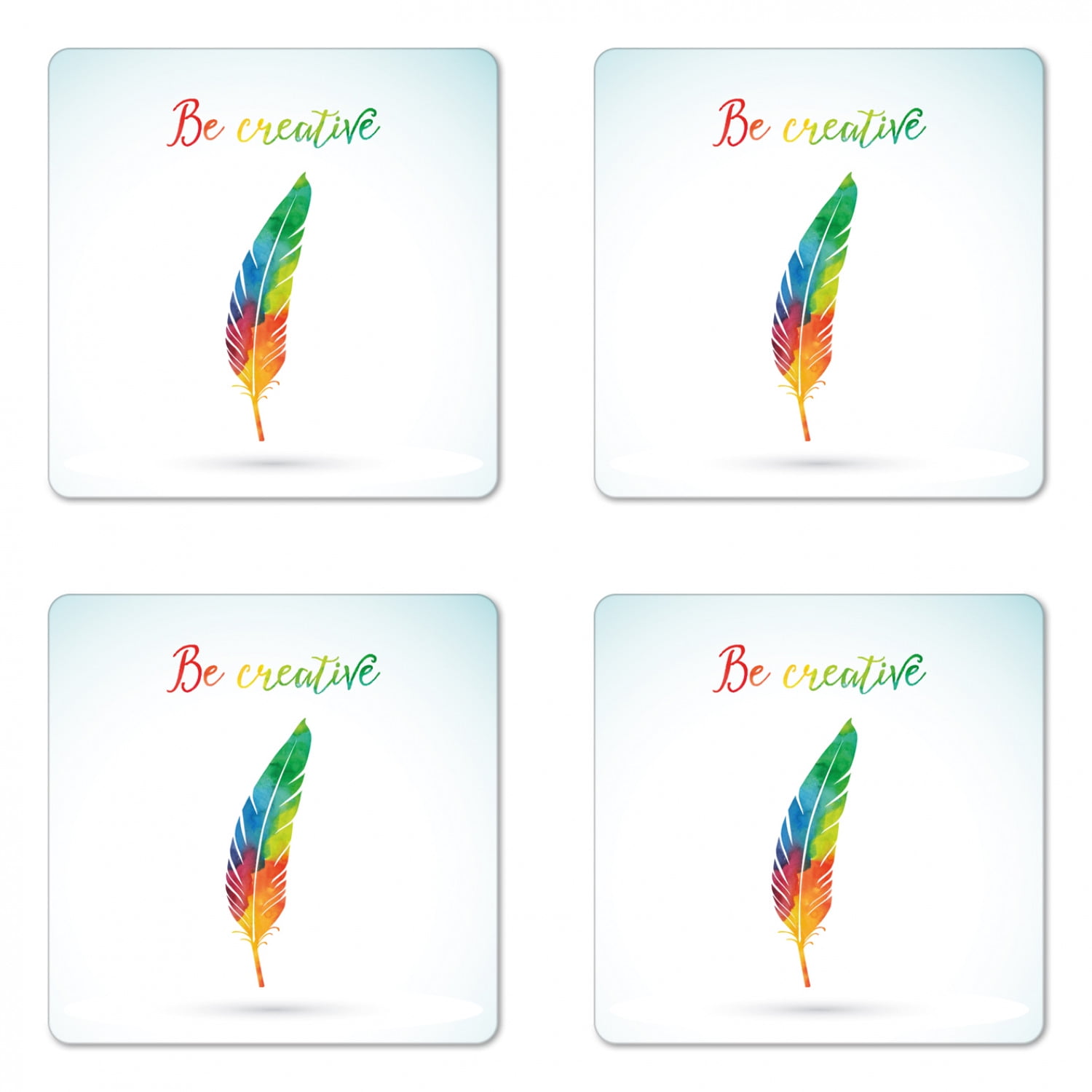 Feather Coaster Set of 4, Rainbow Colored Quill and Be Creative Words ...