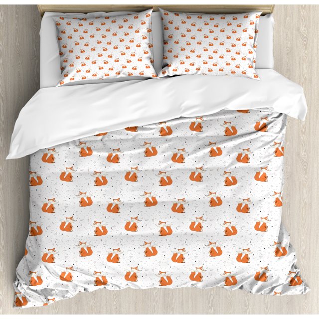 Fox Queen Size Duvet Cover Set, Hand Drawn Cute Foxes on Abstract ...